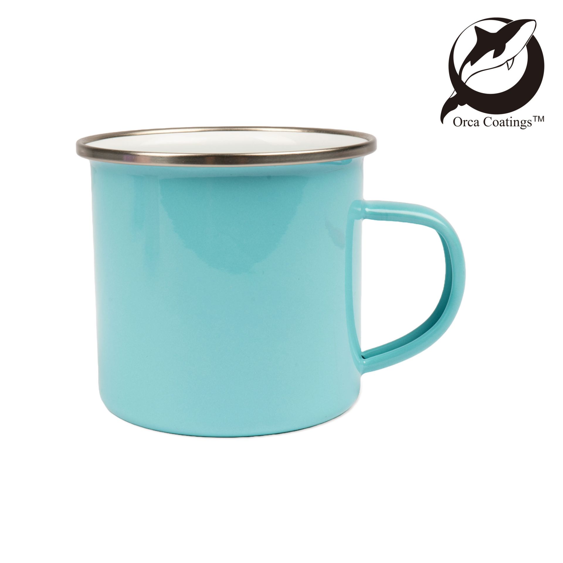 Enamel mug 12oz, with stainless-steel silver rim, Orca™ Coating, div ...