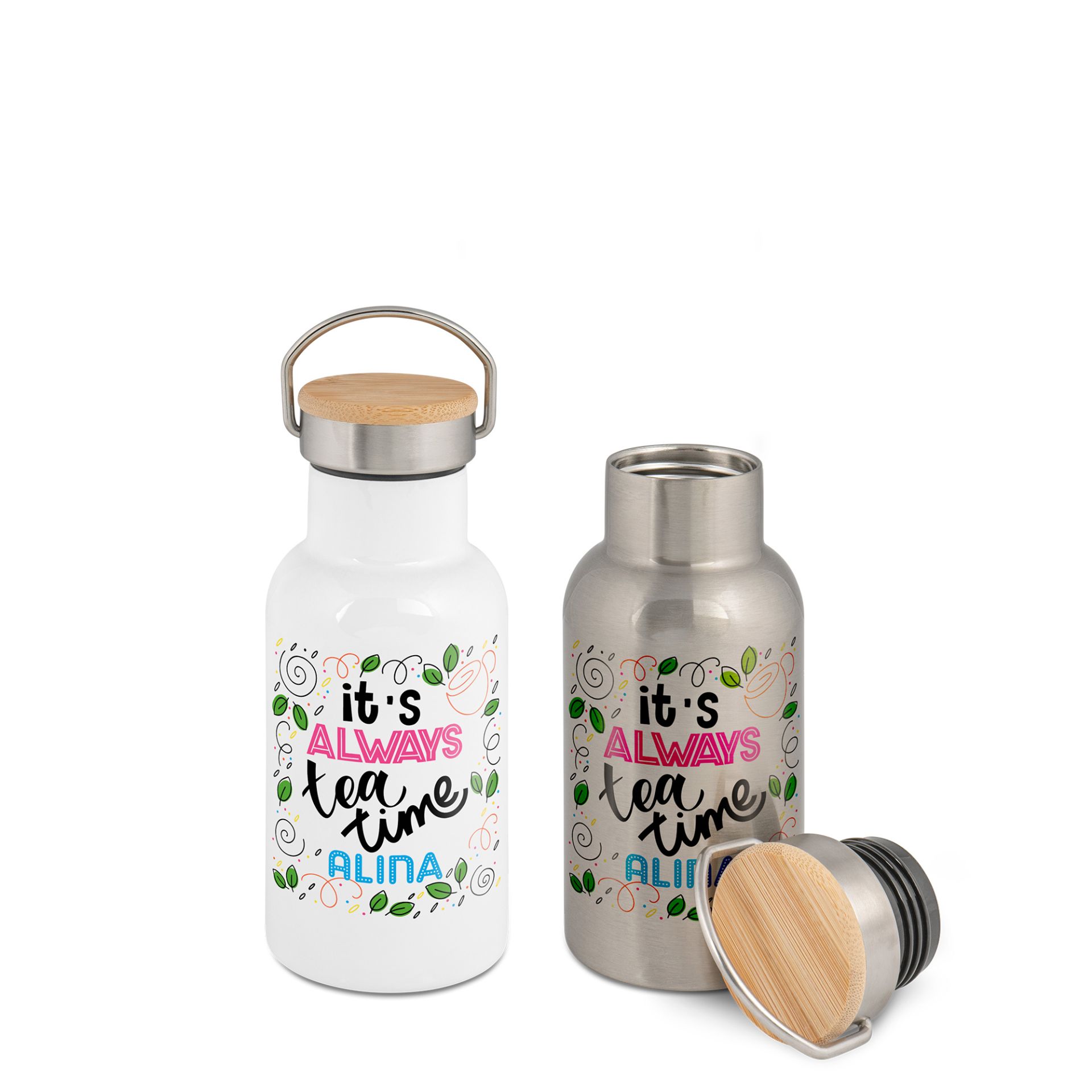 Stainless steel thermo flask with bamboo lid various sizes and colours ...