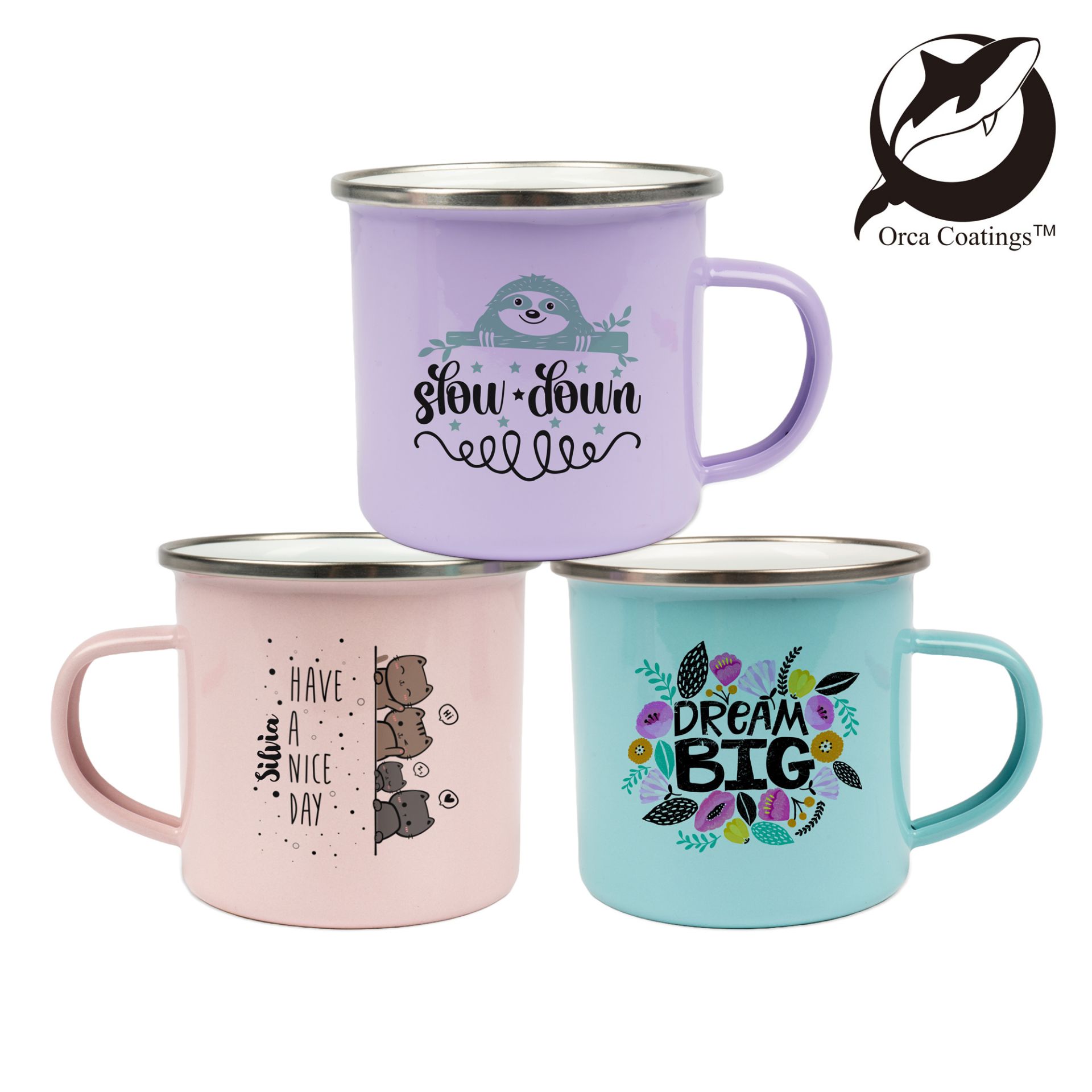 Enamel mug 12oz, with stainless-steel silver rim, Orca™ Coating, div ...